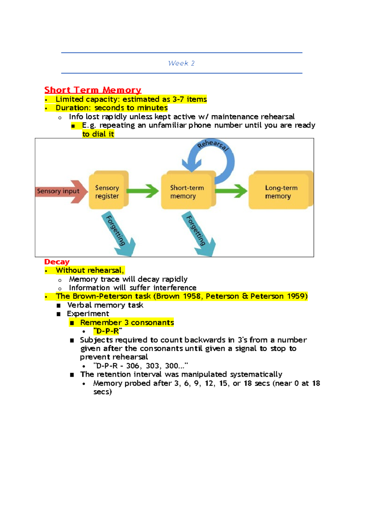 Week 2 - Lecture notes 2 - Week 2 Short Term Memory - Limited capacity ...