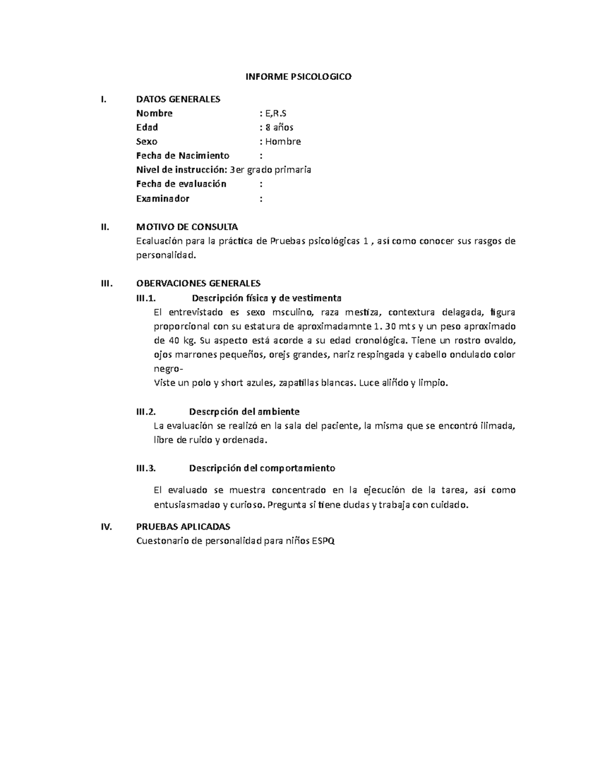 HOJA DE Analisis ESPQ - informe espq - INFORME PSICOLOGICO I. DATOS ...