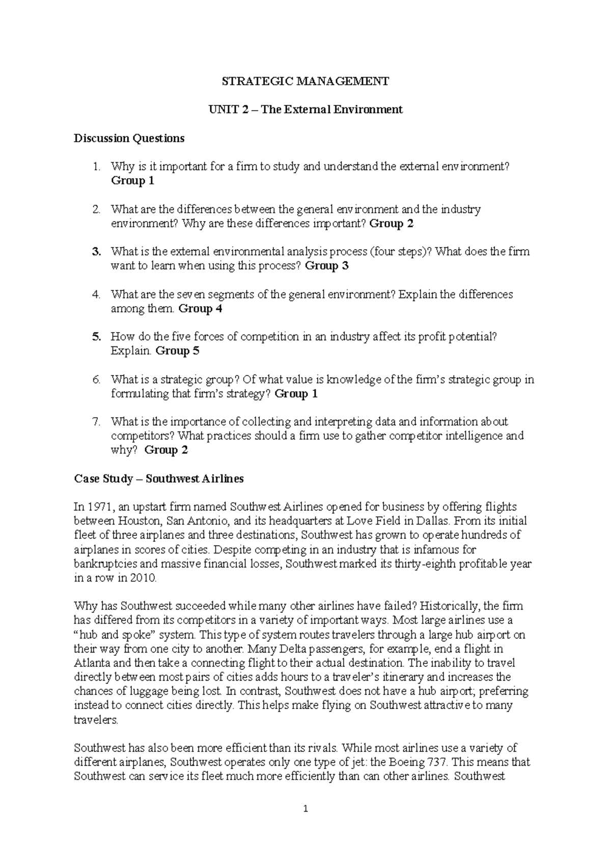 Unit 2 Tutorial Sheet Answer Strategic Management Unit 2 The External Environment 