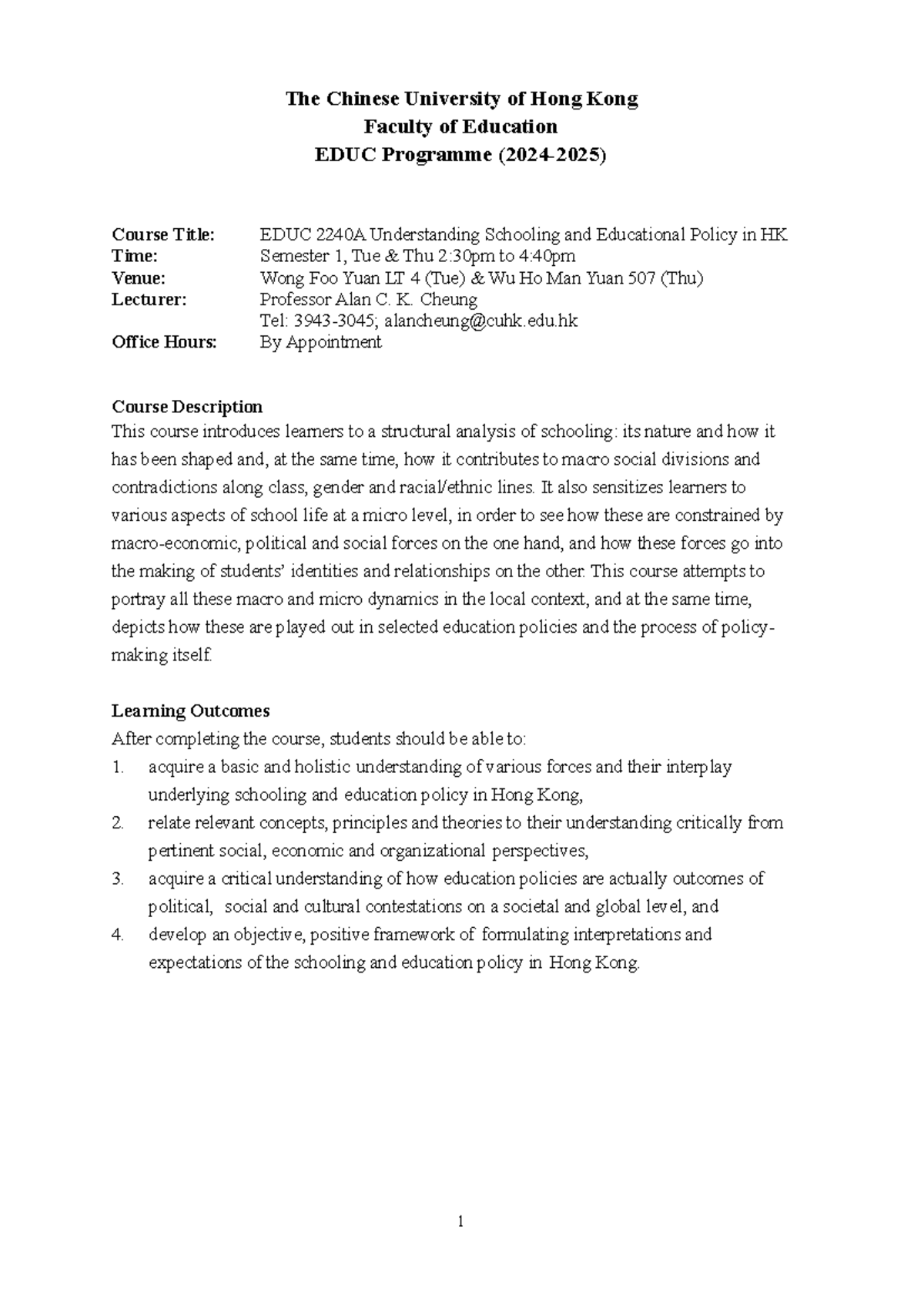 Course outline EDUC 2240A 2024-2025 Final - The Chinese University of ...