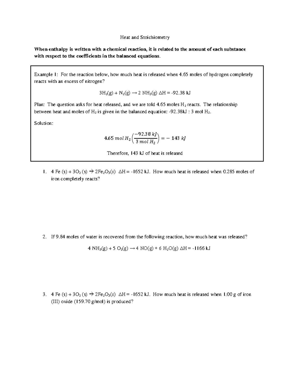 9.d Energy and Stoichiometry - Heat and Stoichiometry When enthalpy is ...