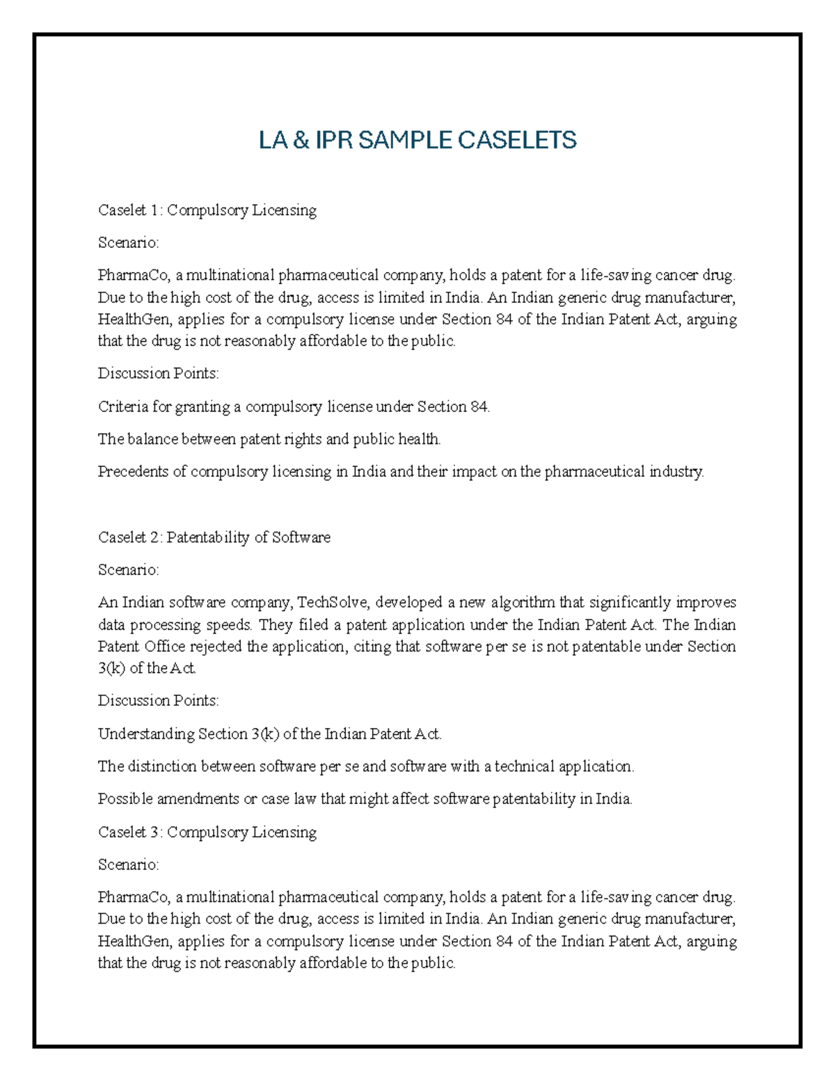 LA &IPR caselets - None - LA & IPR SAMPLE CASELETS Caselet 1 ...
