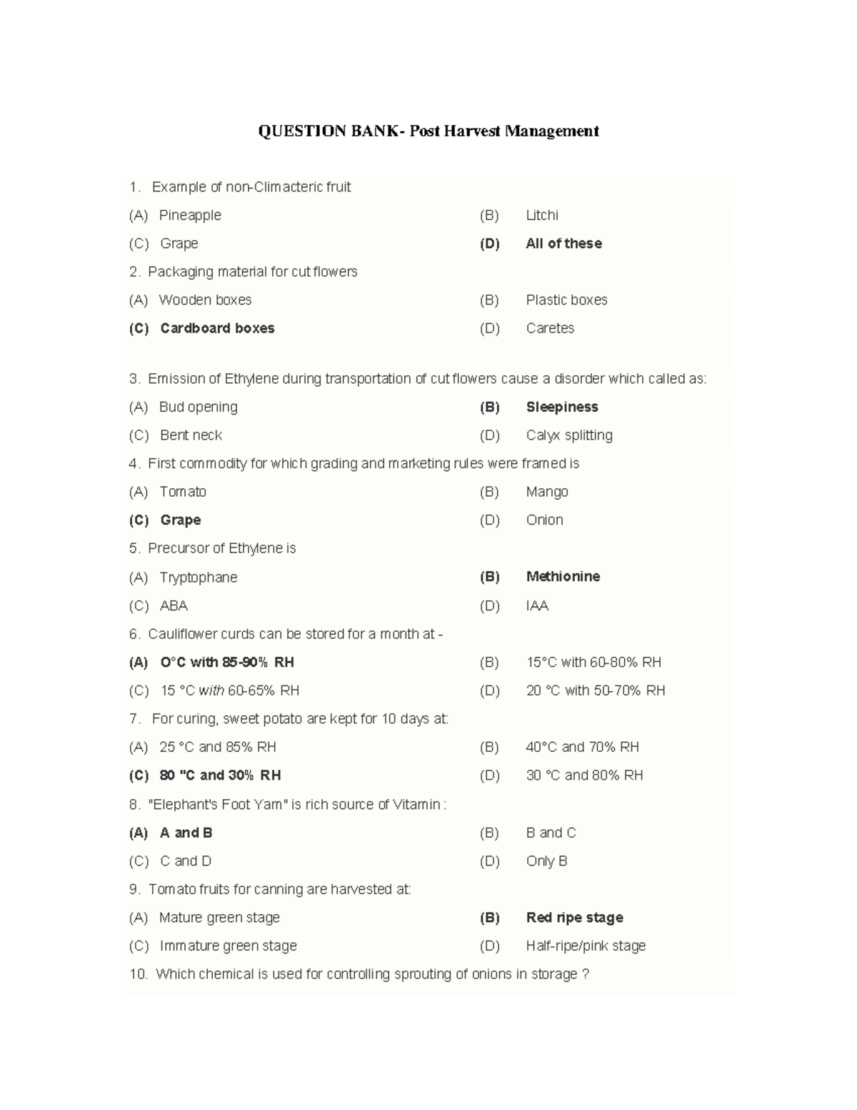 MCQ1 PHM 16 - post harvest management of fruits and vegetables ...