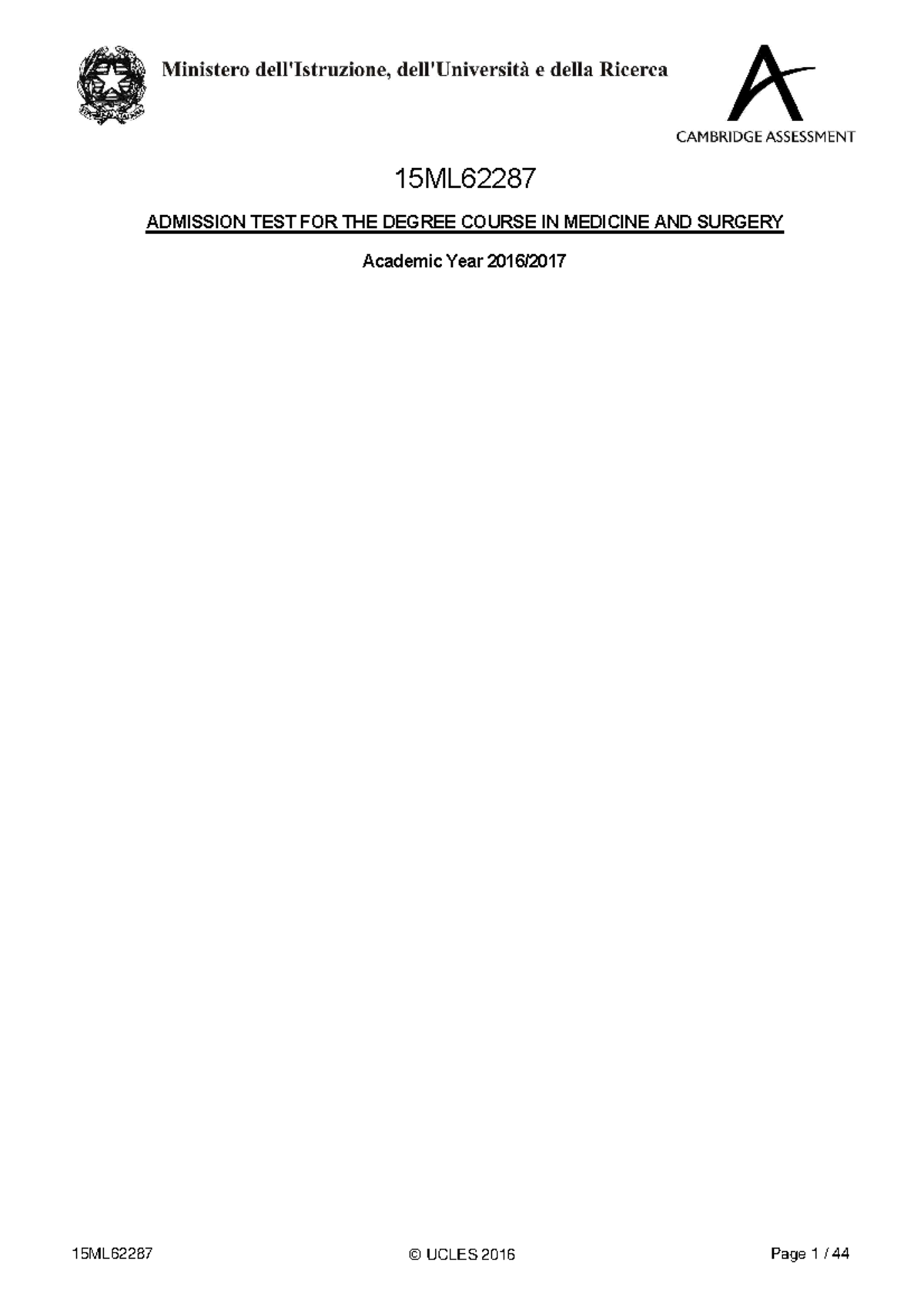 370030 imat 2016 paper - 15ML ADMISSION TEST FOR THE DEGREE COURSE IN ...