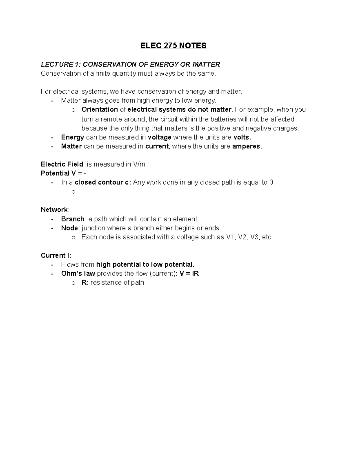 ELEC 275 Notes - ELEC 275 NOTES LECTURE 1: CONSERVATION OF ENERGY OR ...