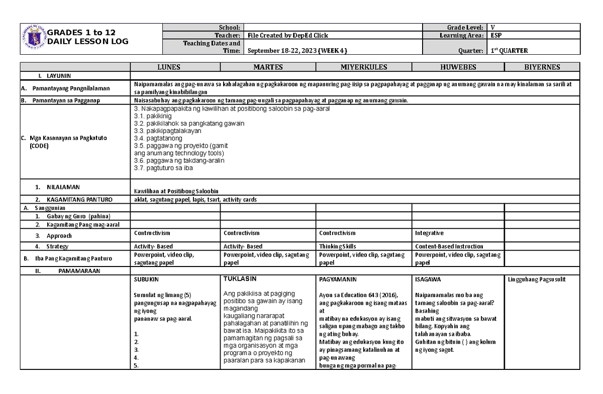DLL ESP 5 Q1 W4 - PERSONAL NOTES - GRADES 1 to 12 DAILY LESSON LOG ...