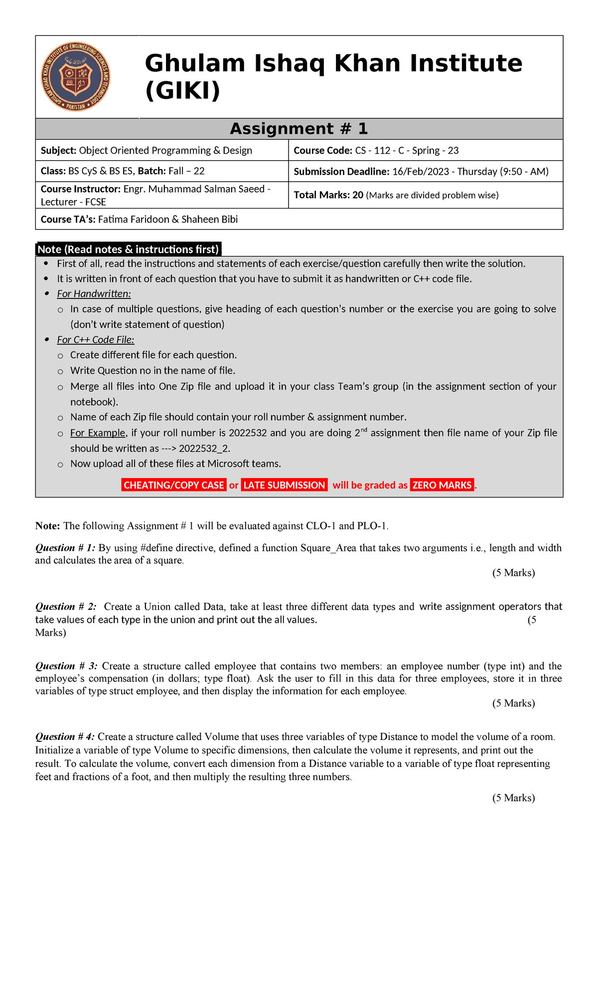 CS112 - OOP - Assignment - 1 - GIKI - Ghulam Ishaq Khan Institute (GIKI) Assignment # 1 Subject ...