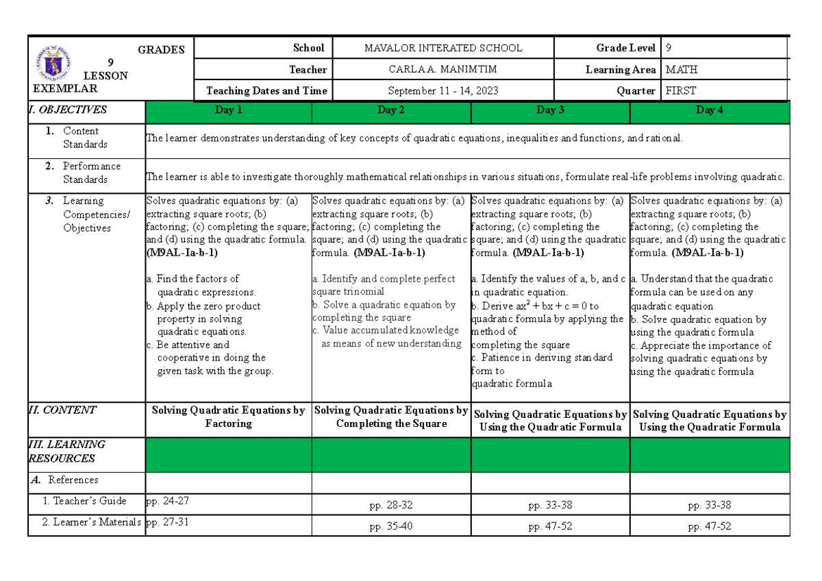 Math-9 Week-3 - lesson plan - GRADES 9 LESSON EXEMPLAR School MAVALOR ...