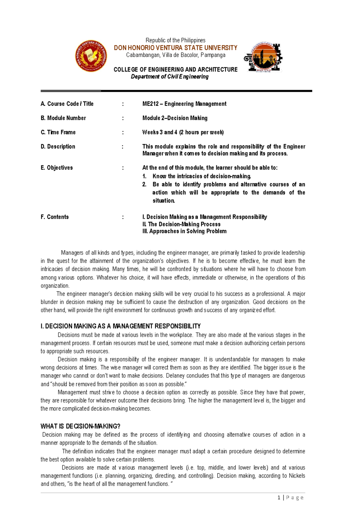 ME 212 Module 2 Decision Making - A. Course Code / Title : ME212 ...