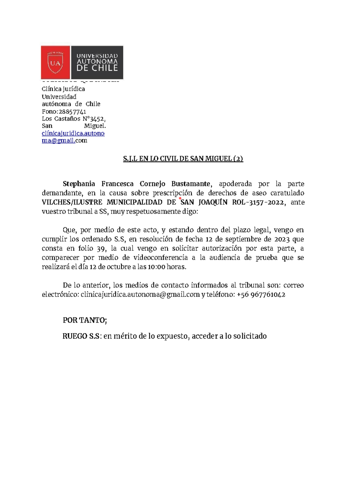 Documento sin título - cxcxcxc - SOLICITUD QUE INDICA Clínica jurídica ...