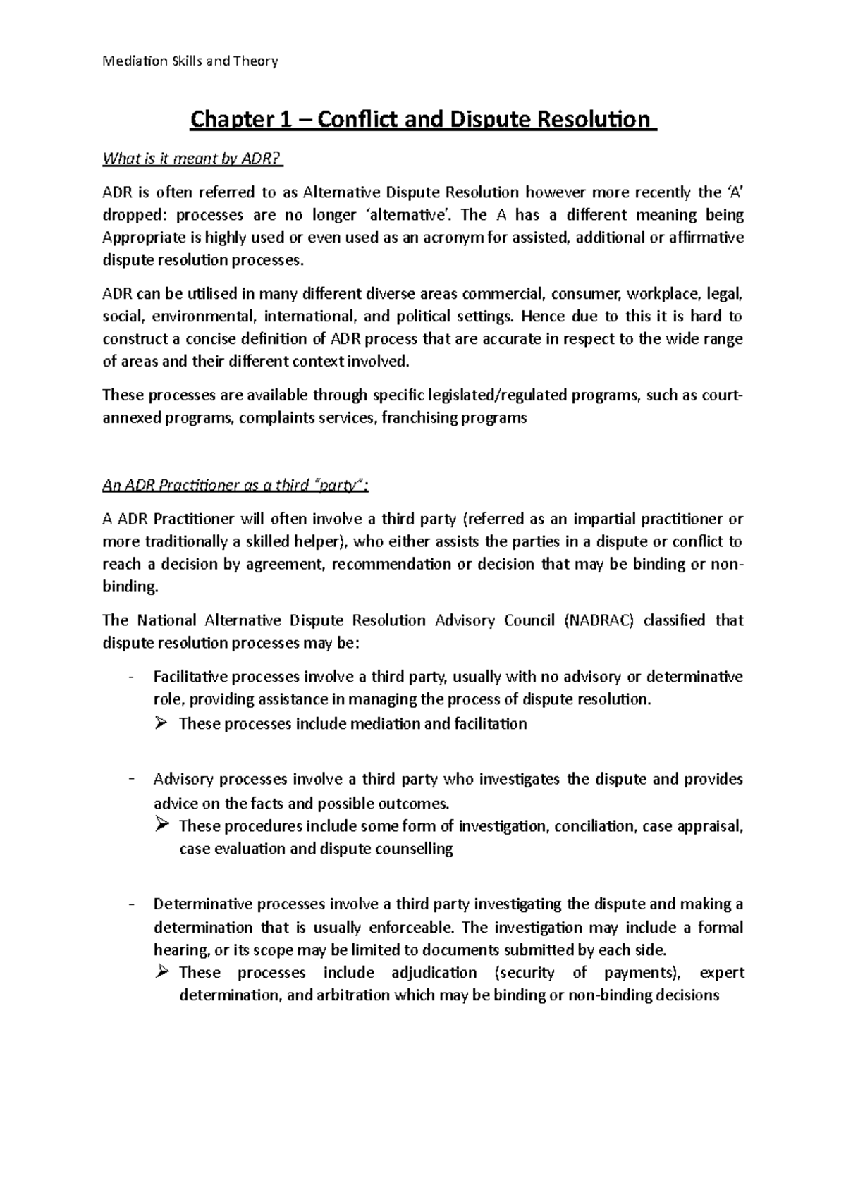 Chapter 1 - Notes 1 - Mediation Skills and Theory Chapter 1 – Conflict ...