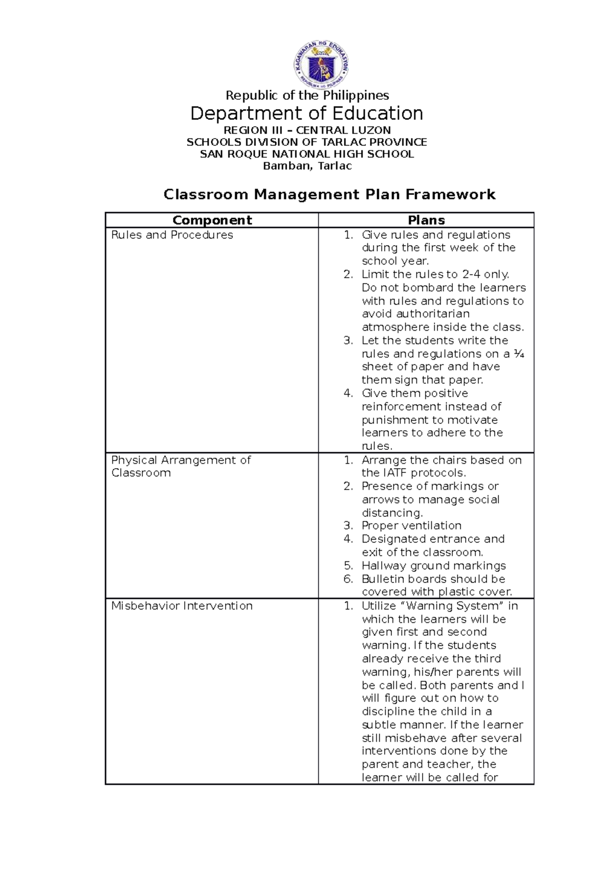 Classroom Management Plan Framework - Republic of the Philippines ...