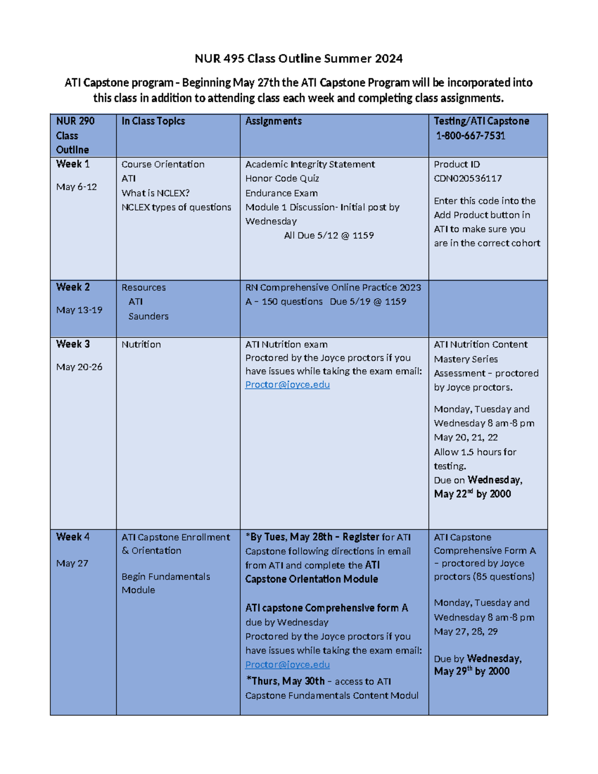 NUR 495 Class Outline Summer 2024 - Student (1) - NUR 495 Class Outline ...
