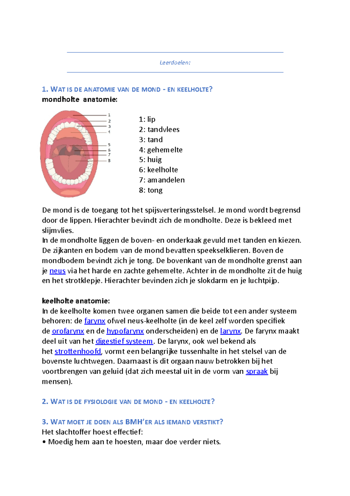 Leerdoelen - tfu - Leerdoelen: 1. WAT IS DE ANATOMIE VAN DE MOND - EN ...