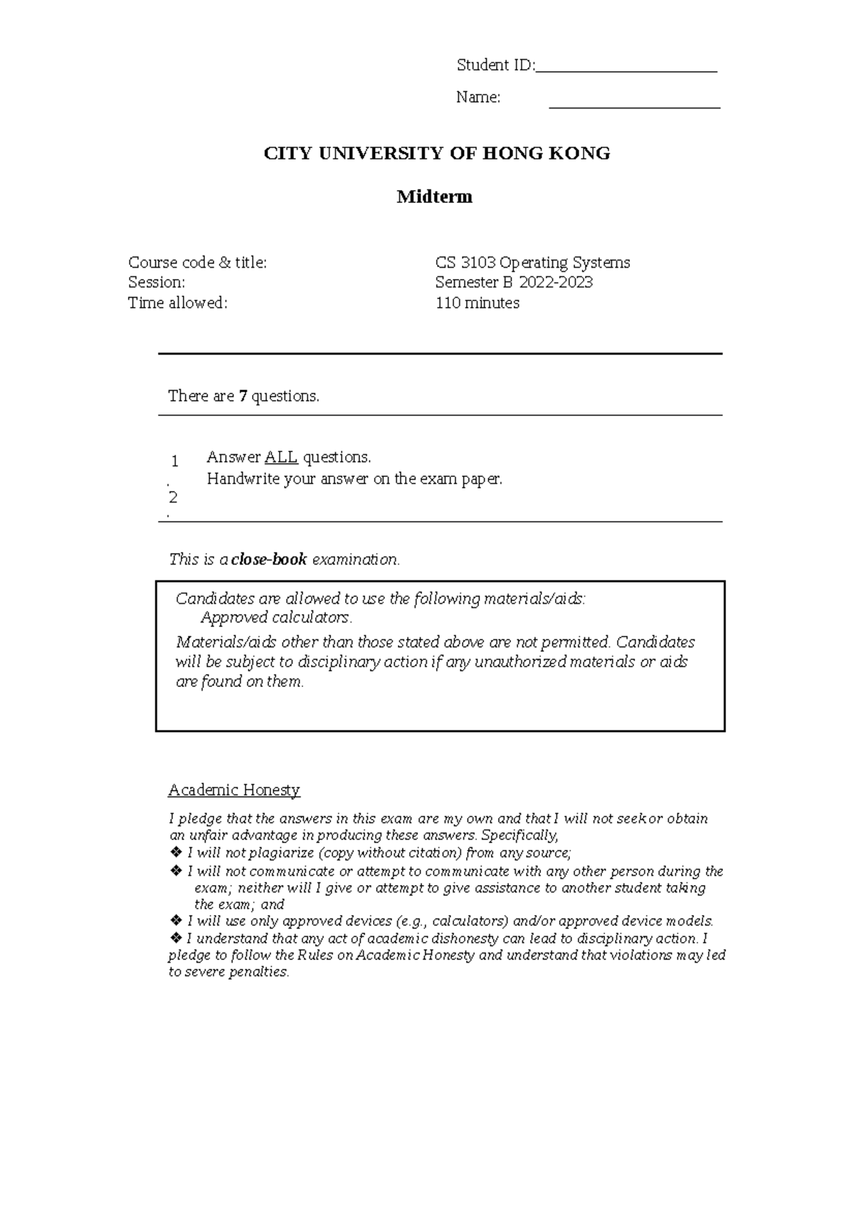 2223midterm - CS3103 - Student ID: Name: CITY UNIVERSITY OF HONG KONG ...