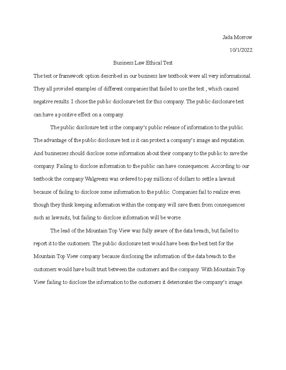 Business Law Ethical Test - Jada Morrow 10/1/ Business Law Ethical Test ...