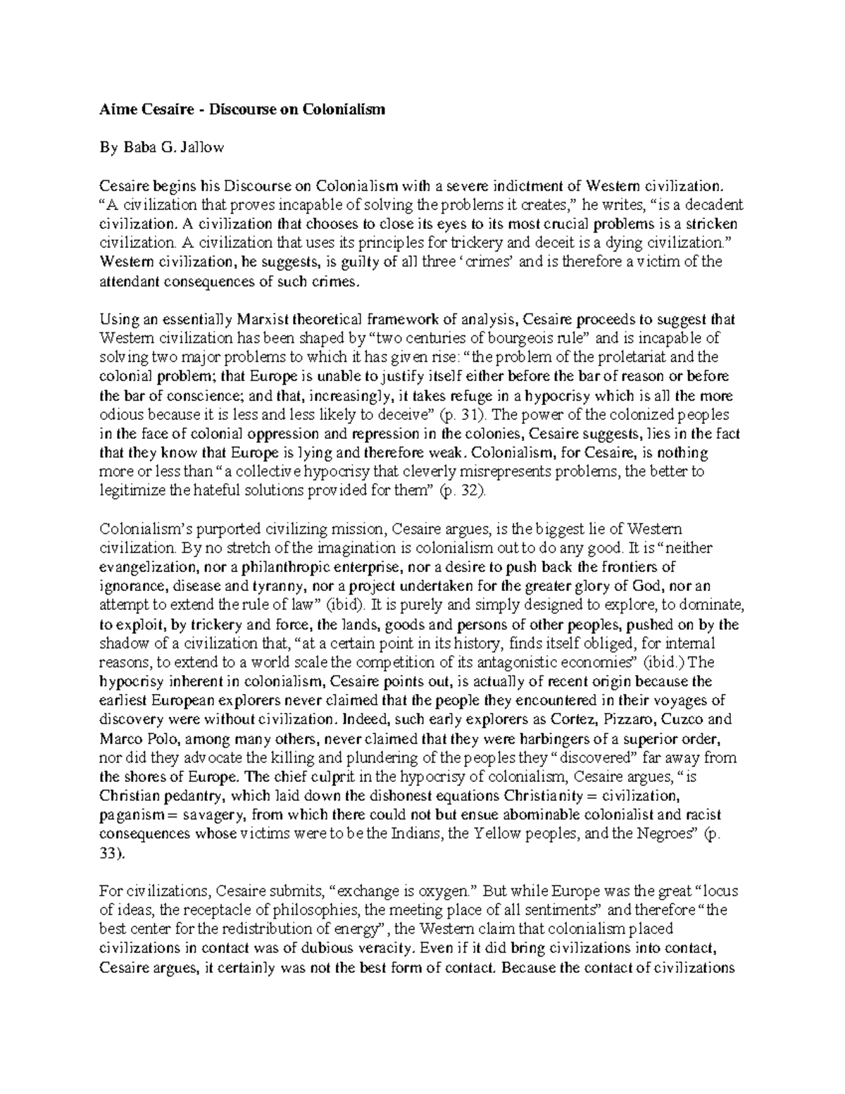 Aime Cesaire Discourse on Colonialism - Aime Cesaire - Discourse on ...