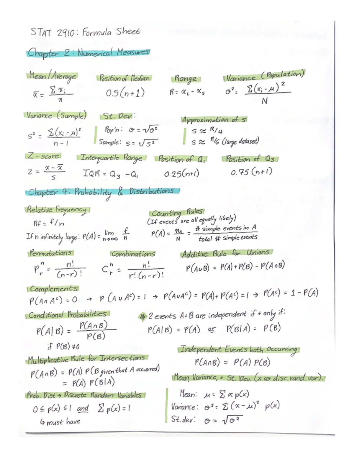 STAT2910 Formula Sheet - STAT-2910-1 - Studocu