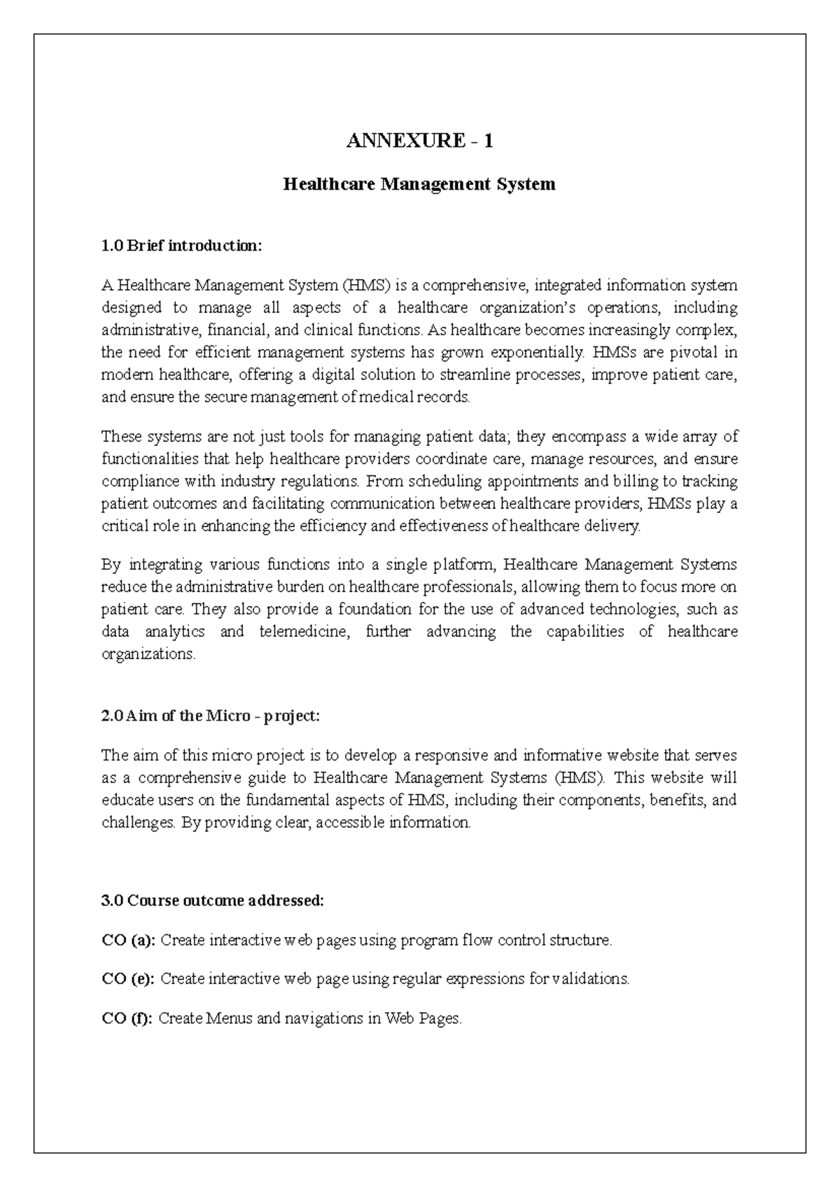 Osy Micro-Project Proposal - ANNEXURE - 1 Healthcare Management System ...