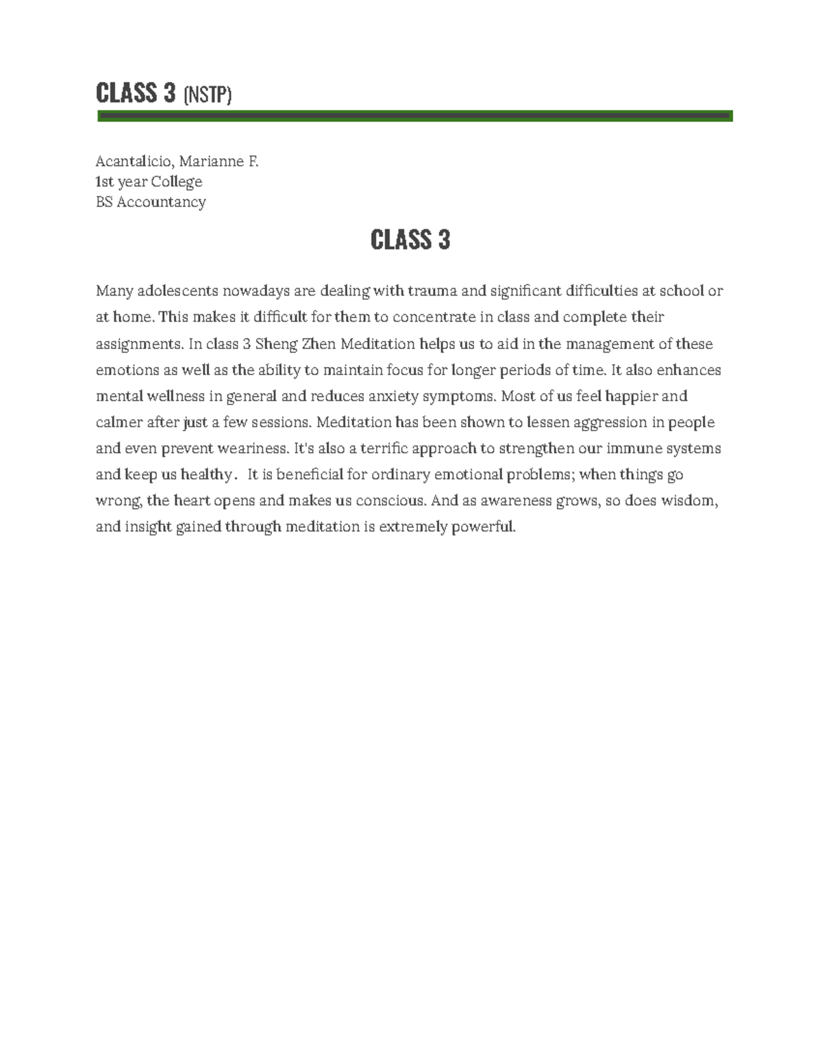 Reflection Class 3 - N/A - CLASS 3 (NSTP) Acantalicio, Marianne F. 1st ...