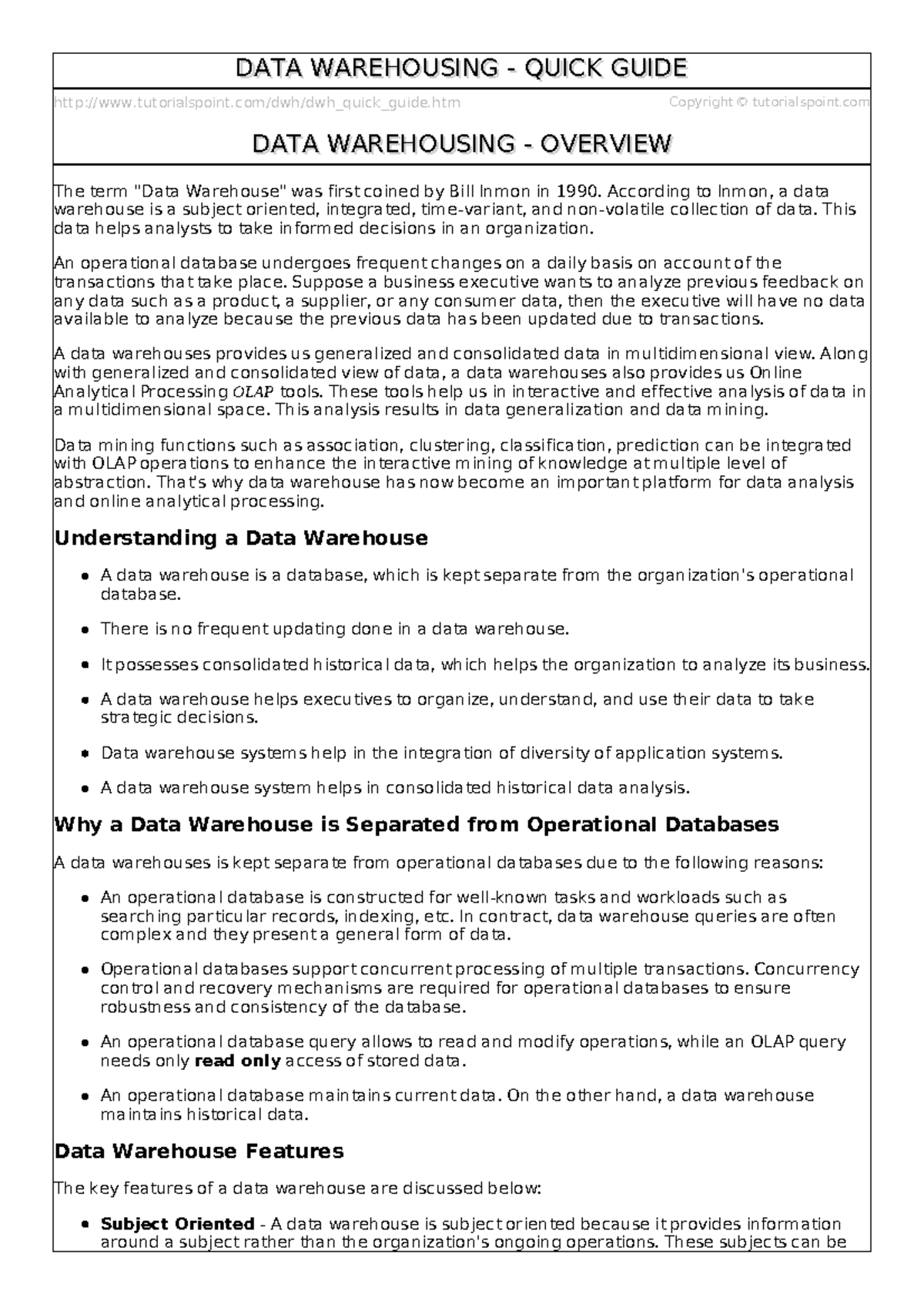 Data warehouse - none - tutorialspoint/dwh/dwh_quick_guide.htm Copyright © tutorialspoint DATA ...