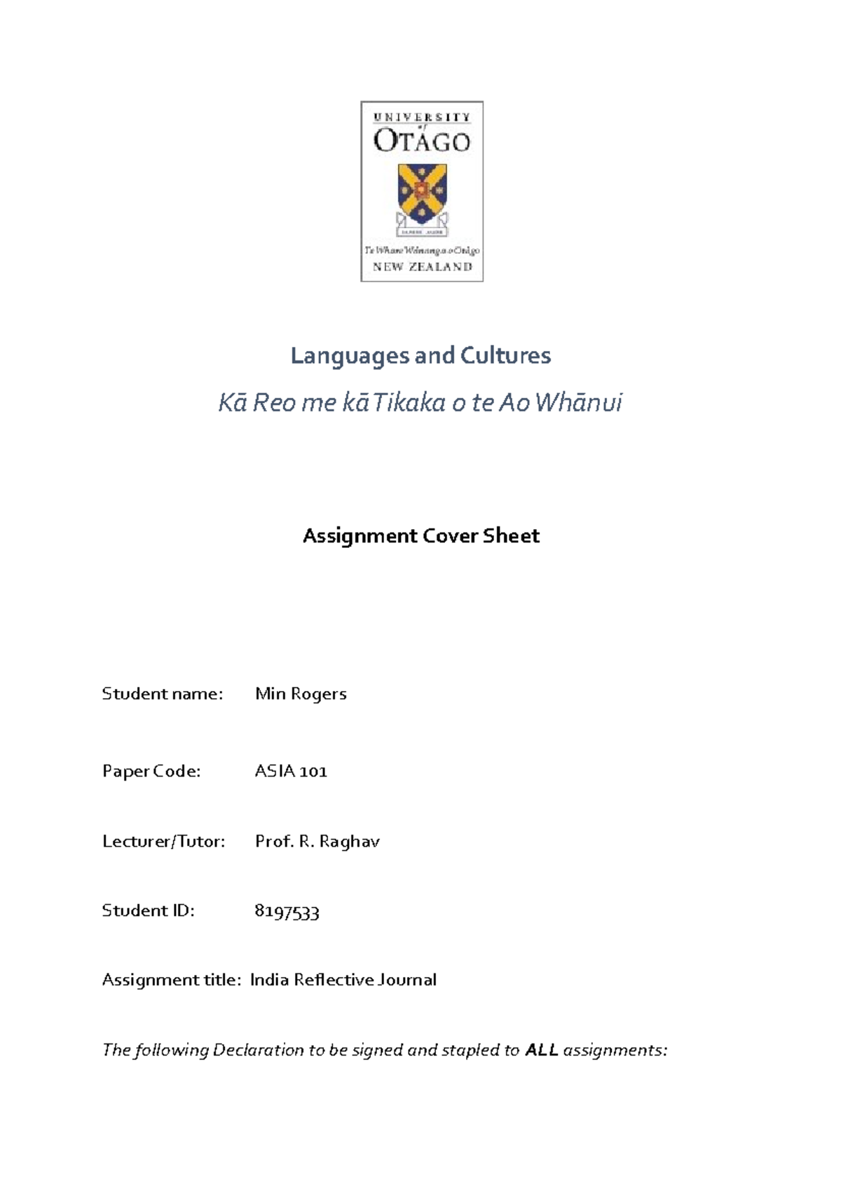 ASIA 101 IND M Rogers - One of four essays for the paper - Languages ...