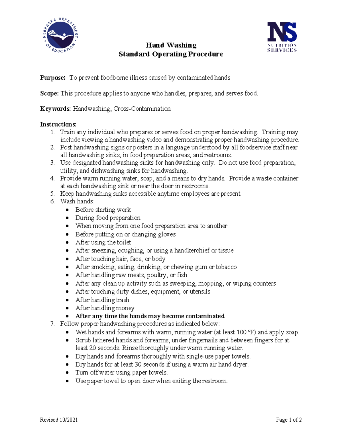 Hand-Washing-SOP - hand washing - Revised 10/2021 Page 1 of 2 Hand ...
