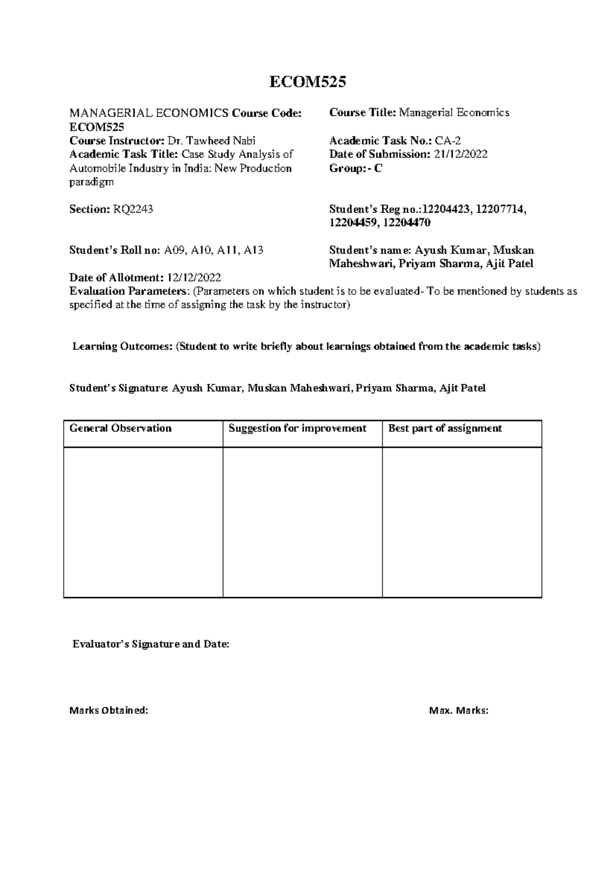 ECOM525 CA 2 - ECOM MANAGERIAL ECONOMICS Course Code: ECOM Course Title ...