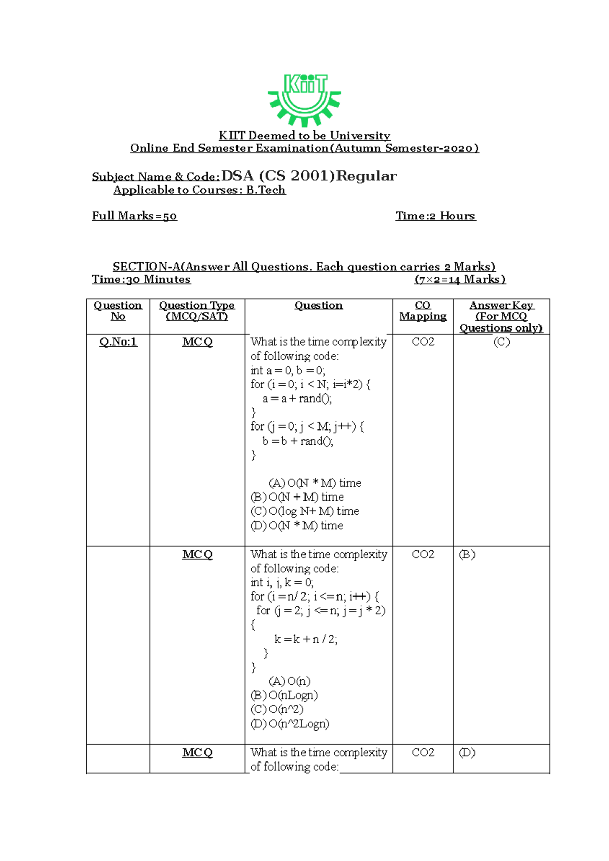 2020 Endsem Regular Question - KIIT Deemed to be University Online End Semester Examination ...