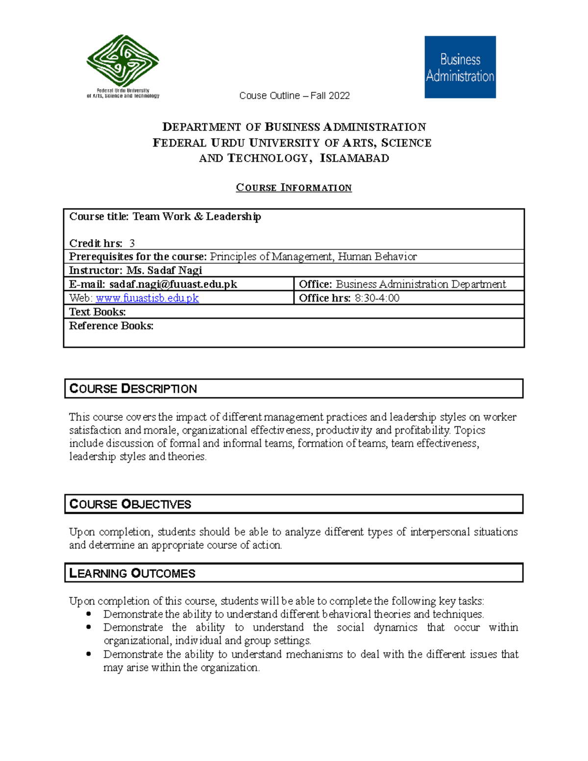 Team work course outline-1 - DEPARTMENT OF BUSINESS ADMINISTRATION ...