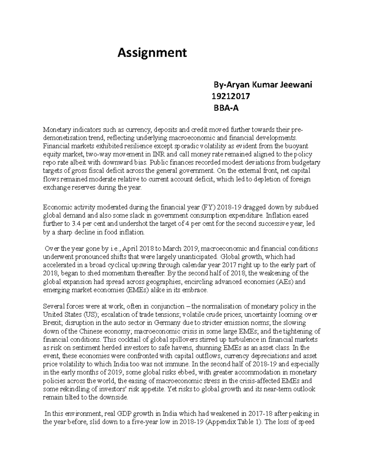 Macroeconomics CIA and asynchronous assignments - Assignment By-Aryan Kumar Jeewani 19212017 BBA ...
