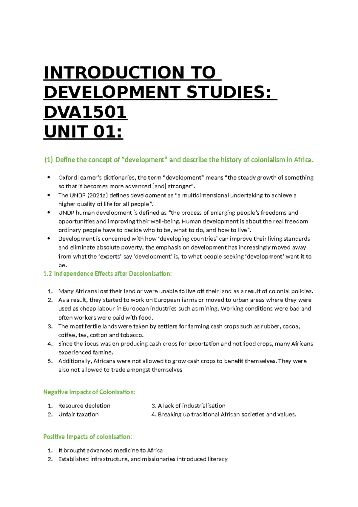 Notes - DVA 1501 UNIT 01 - 03 - INTRODUCTION TO DEVELOPMENT STUDIES ...