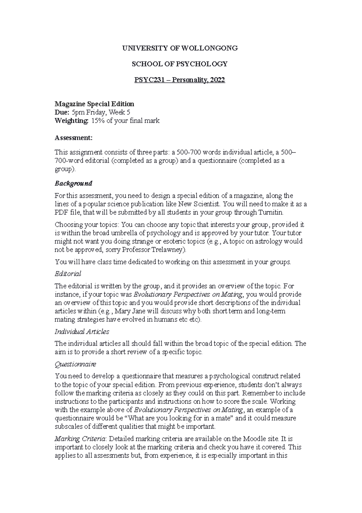Group Assignment Handout - UNIVERSITY OF WOLLONGONG SCHOOL OF ...