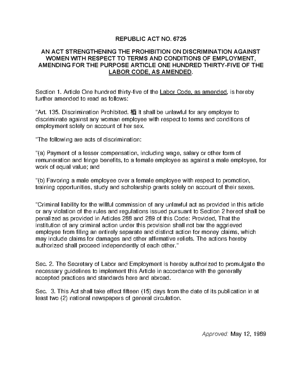 RA 6725 Discrimination Against Women - REPUBLIC ACT NO. 6725 AN ACT ...