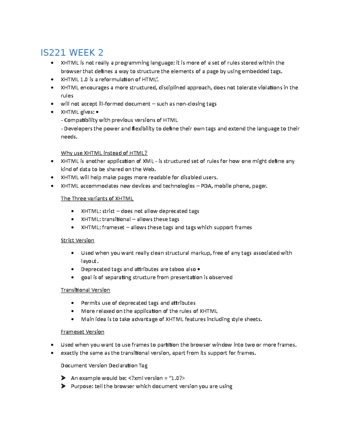 IS221 WEEK 2 notes - helpful - IS221 WEEK 2 XHTML is not really a ...