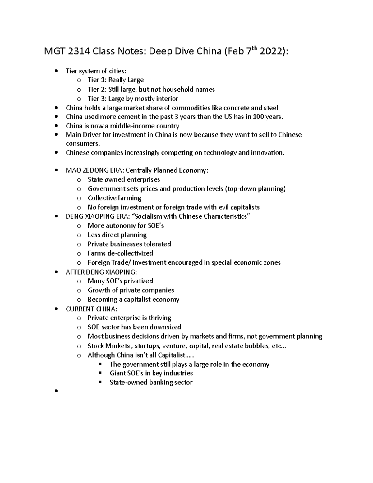 MGT 2314 Class Notes Feb 7th Deeper Dive into China - MGT 2314 Class ...