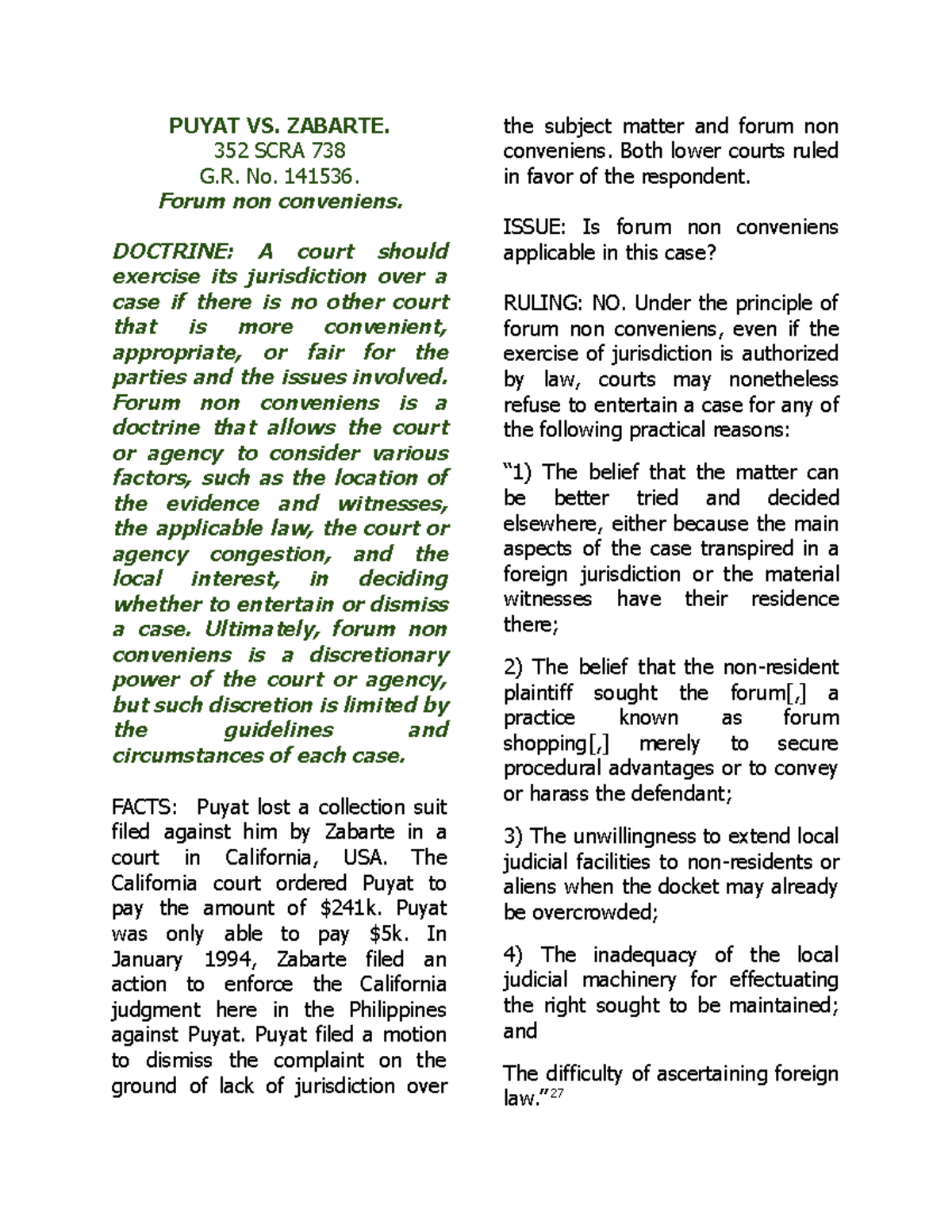 Puyat VS. Zabarte, 2001 (inapplicability of forum non conveniens ...