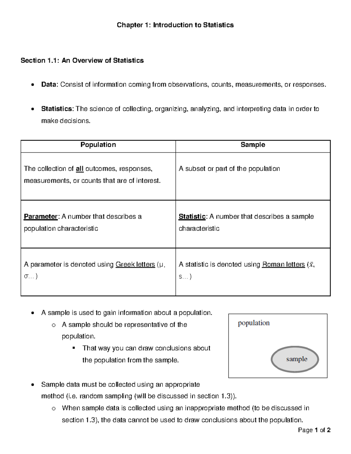Section 1 1 Notes Page 1 Of 2 Chapter 1 Introduction To Statistics Section 1 An Overview Of