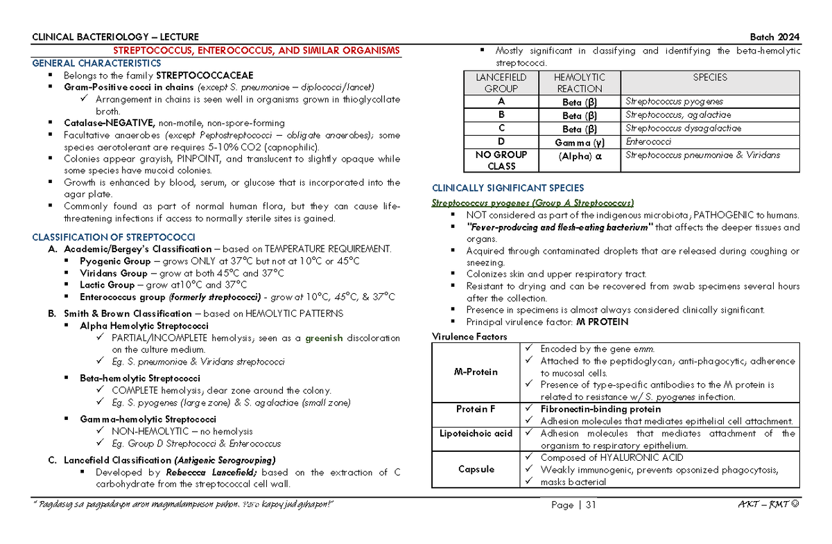 Bacteriology Lecture Handouts Midterms pt - STREPTOCOCCUS, ENTEROCOCCUS ...