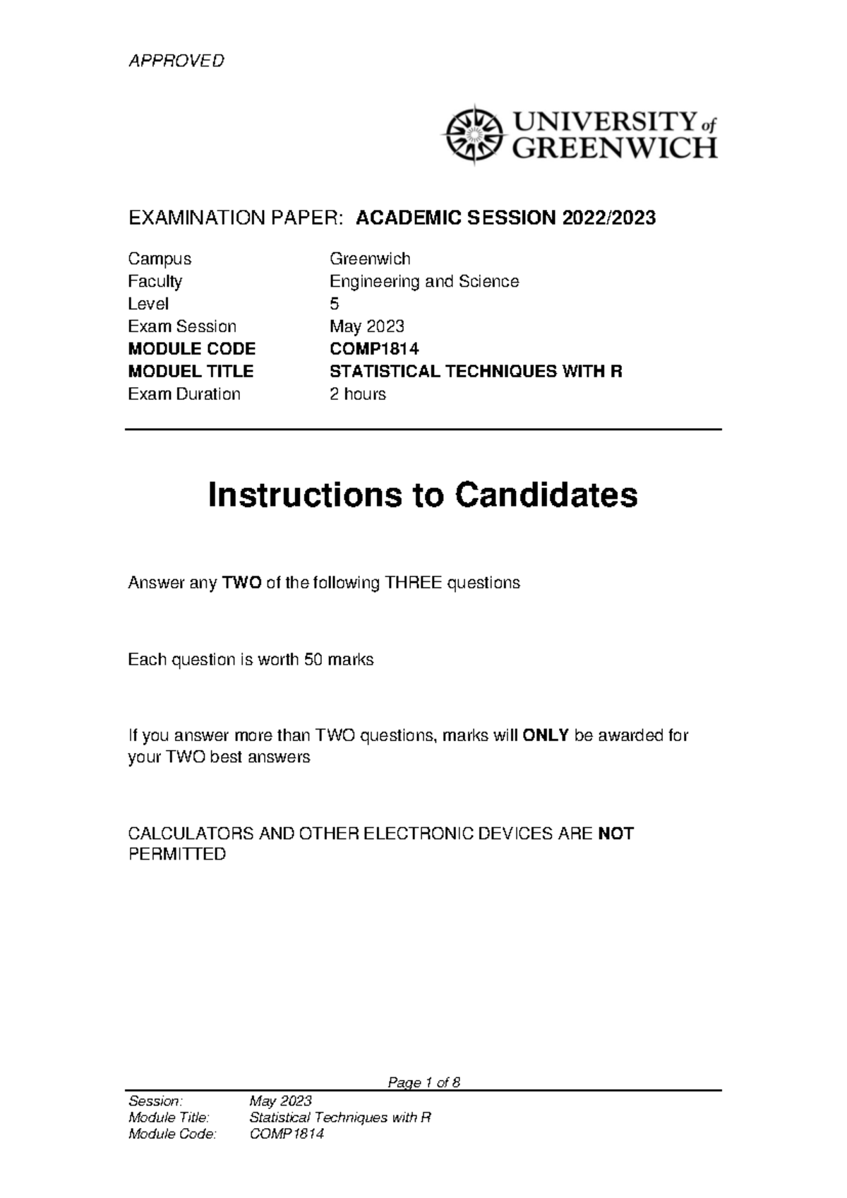 COMP1814 2023 MAY - Page 1 of 8 Session: May 2023 Module Title: Statistical Techniques with R ...