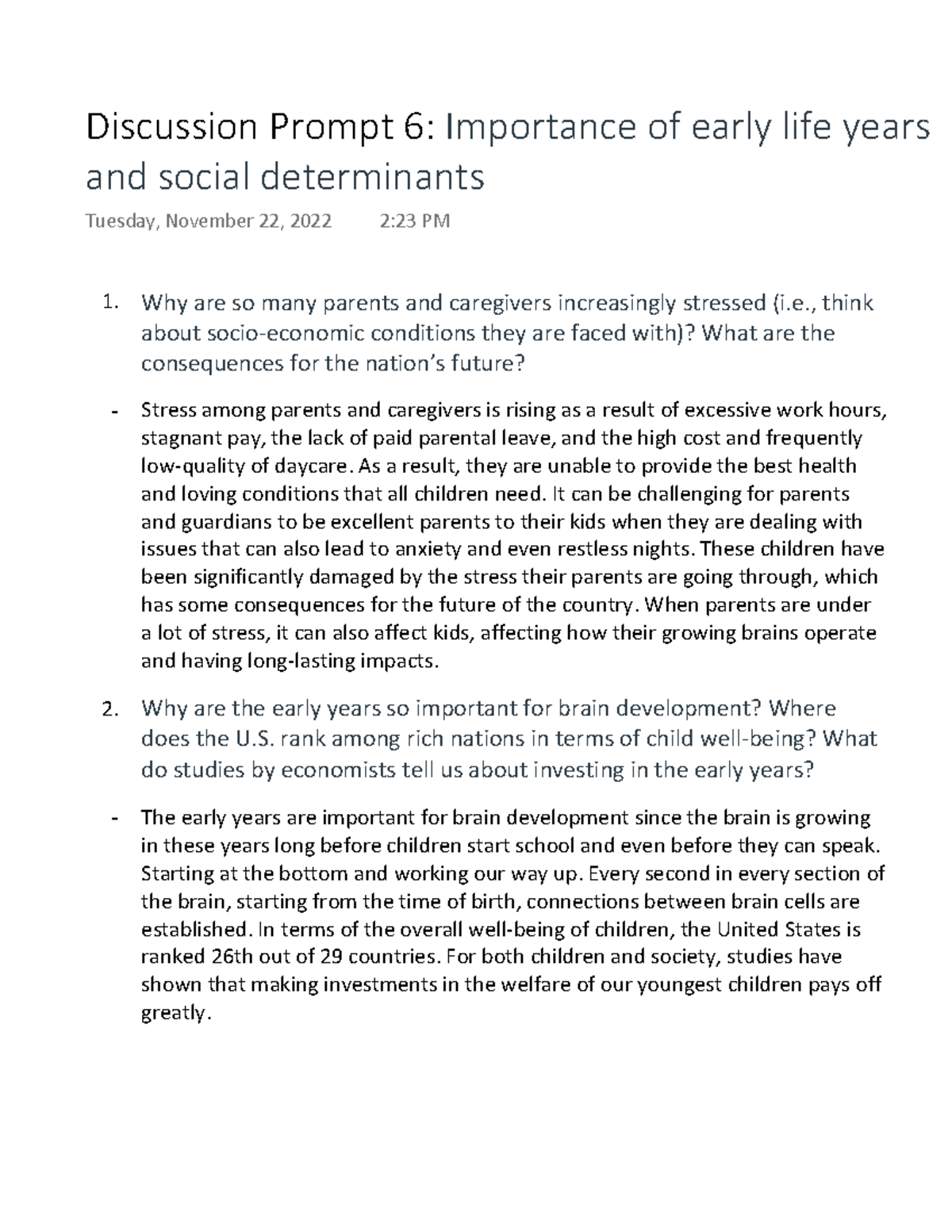 Discussion Prompt 6 Importance of early life years and social ...