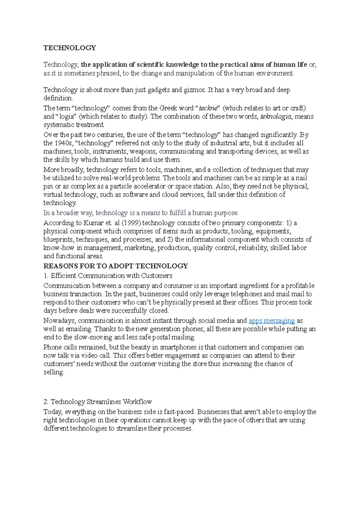 Technology Part - Notes - TECHNOLOGY Technology, the application of ...