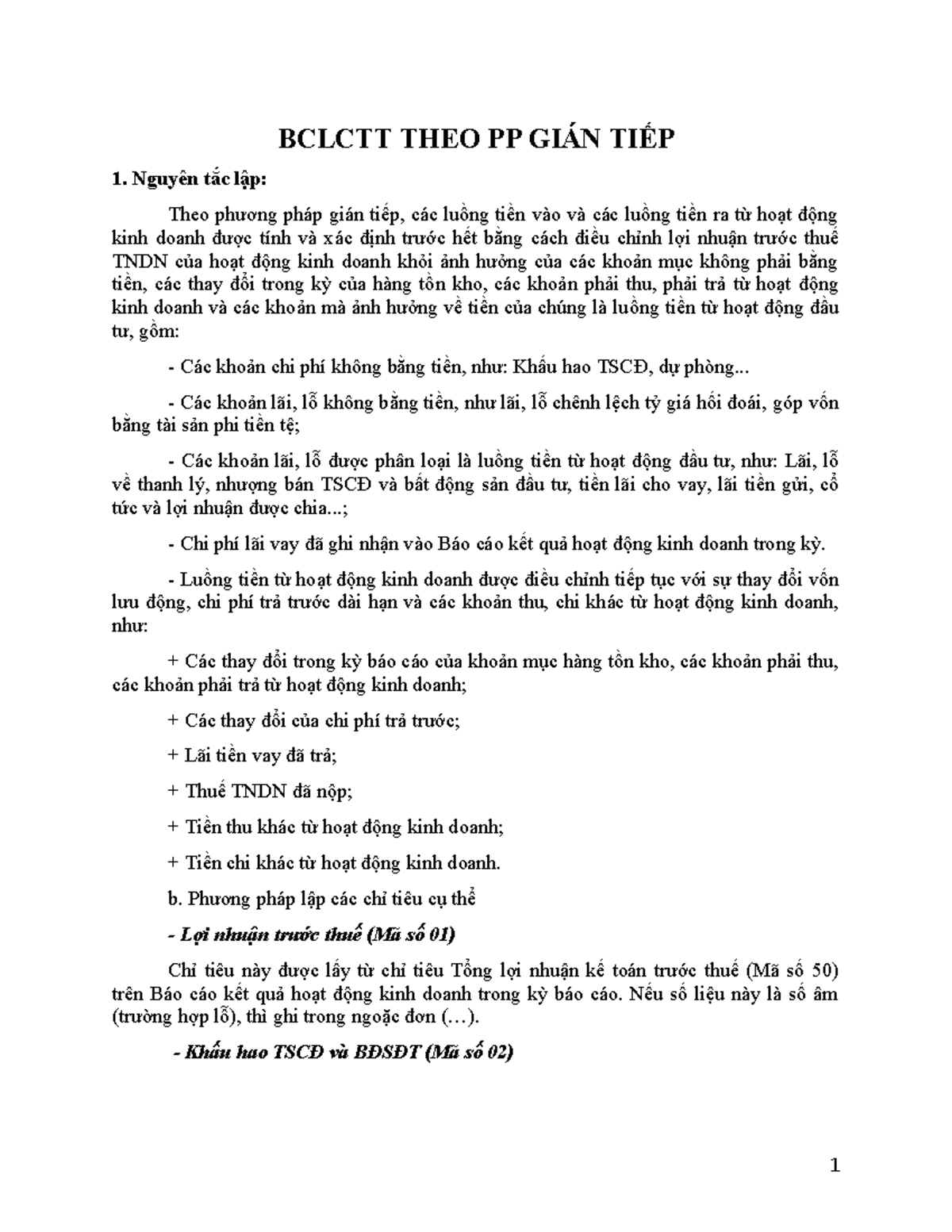 HD Bclctt GIAN TIEP 2024F - BCLCTT THEO PP GIÁN TIẾP 1. Nguyên tắc lập: Theo phương pháp gián ...