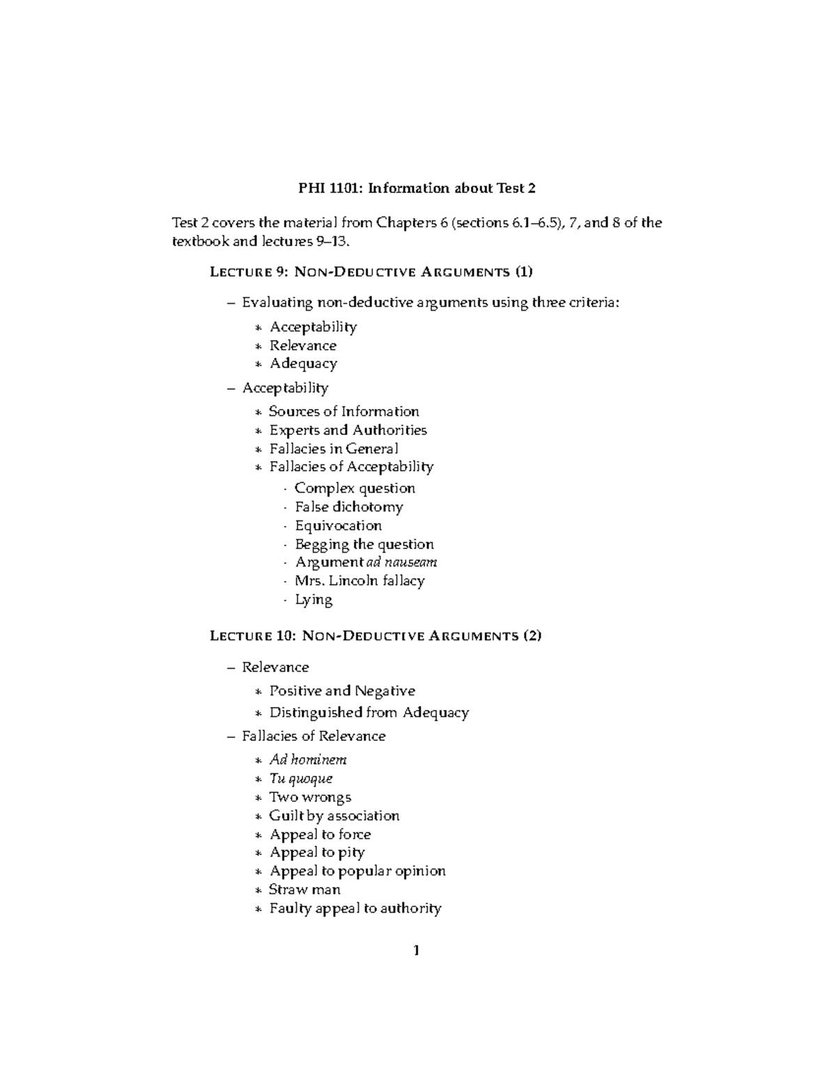 Test2 Info - PHI 1101: Information about Test 2 Test 2 covers the ...