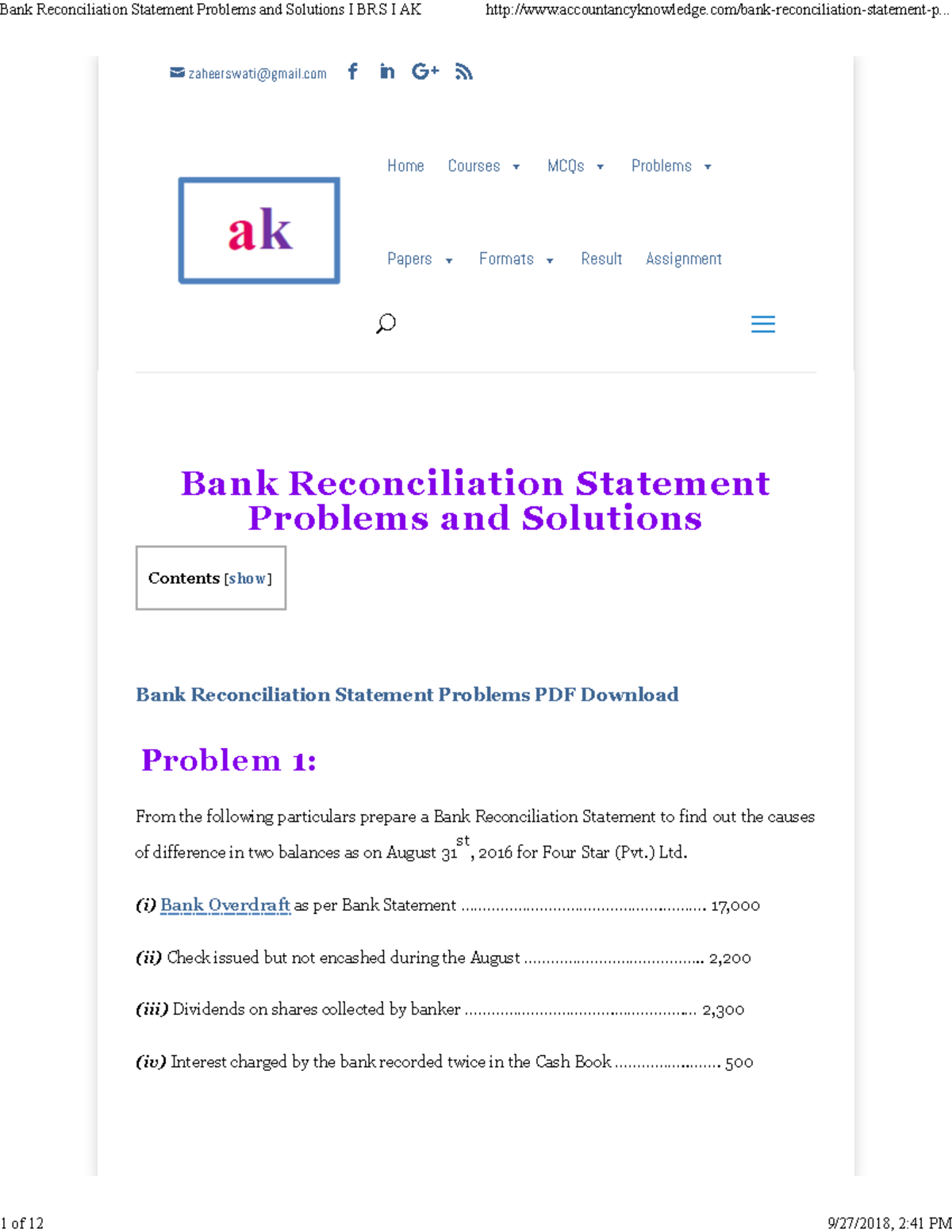 Bank Reconciliation Statement Problems and Solutions I BRS I AK - Bank ...