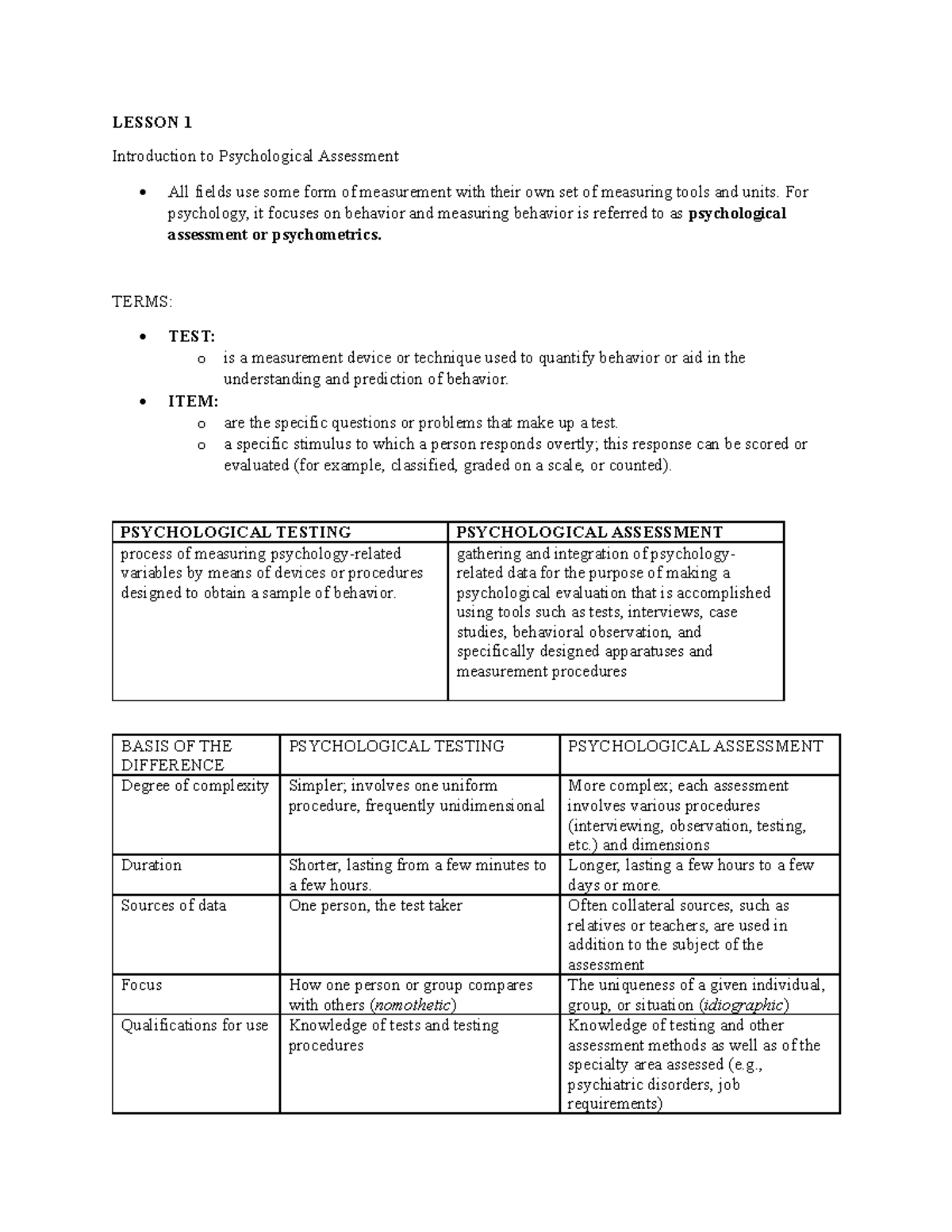 Psychological Assessment Notes - LESSON 1 Introduction to Psychological ...