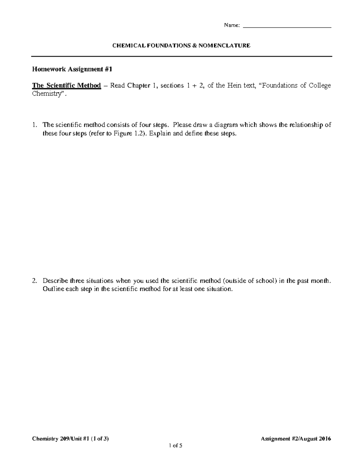 HW #1 - H1 SAMPLE - Name: CHEMICAL FOUNDATIONS & NOMENCLATURE Chemistry ...