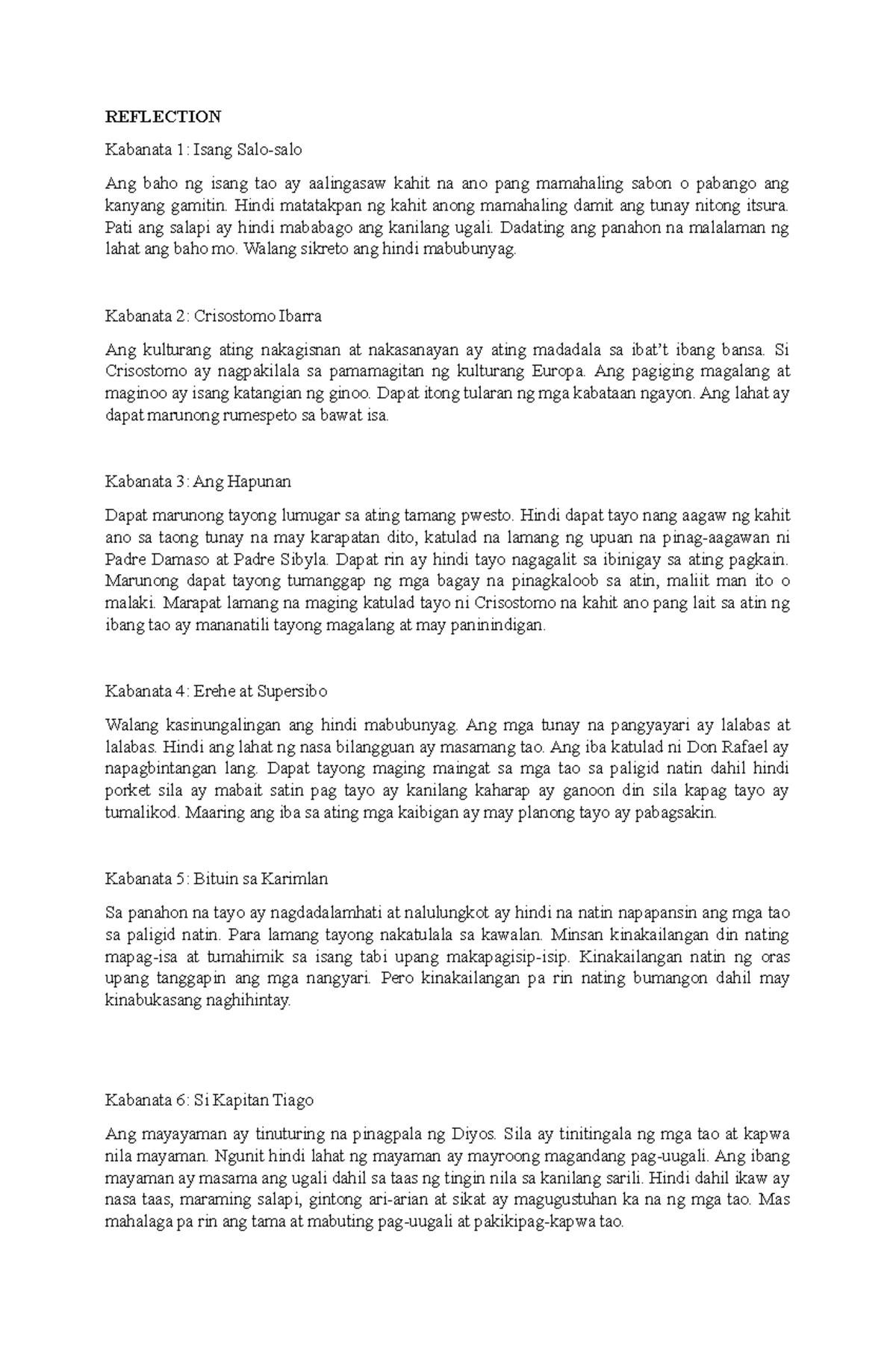 NOLI ME Tangere Reflections Kabanata 1-64 - REFLECTION Kabanata 1 ...