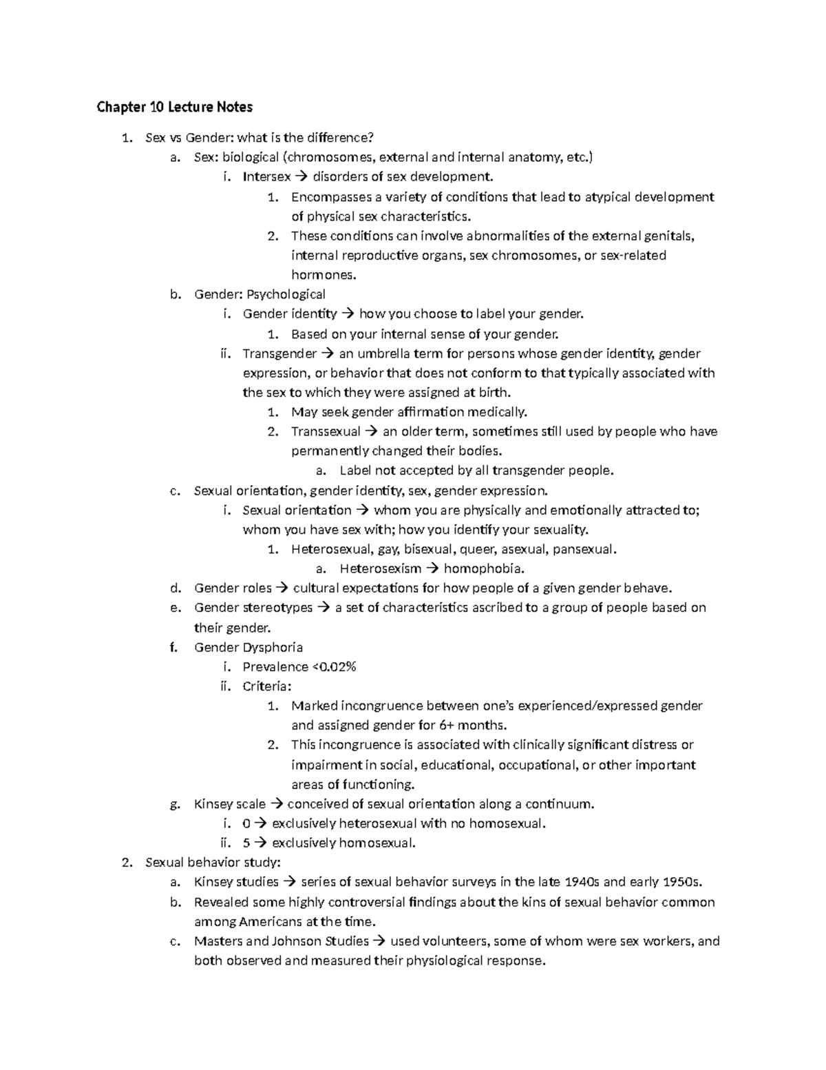 Chapter 10 Lecture Notes Chapter 10 Lecture Notes 1 Sex Vs Gender What Is The Difference A