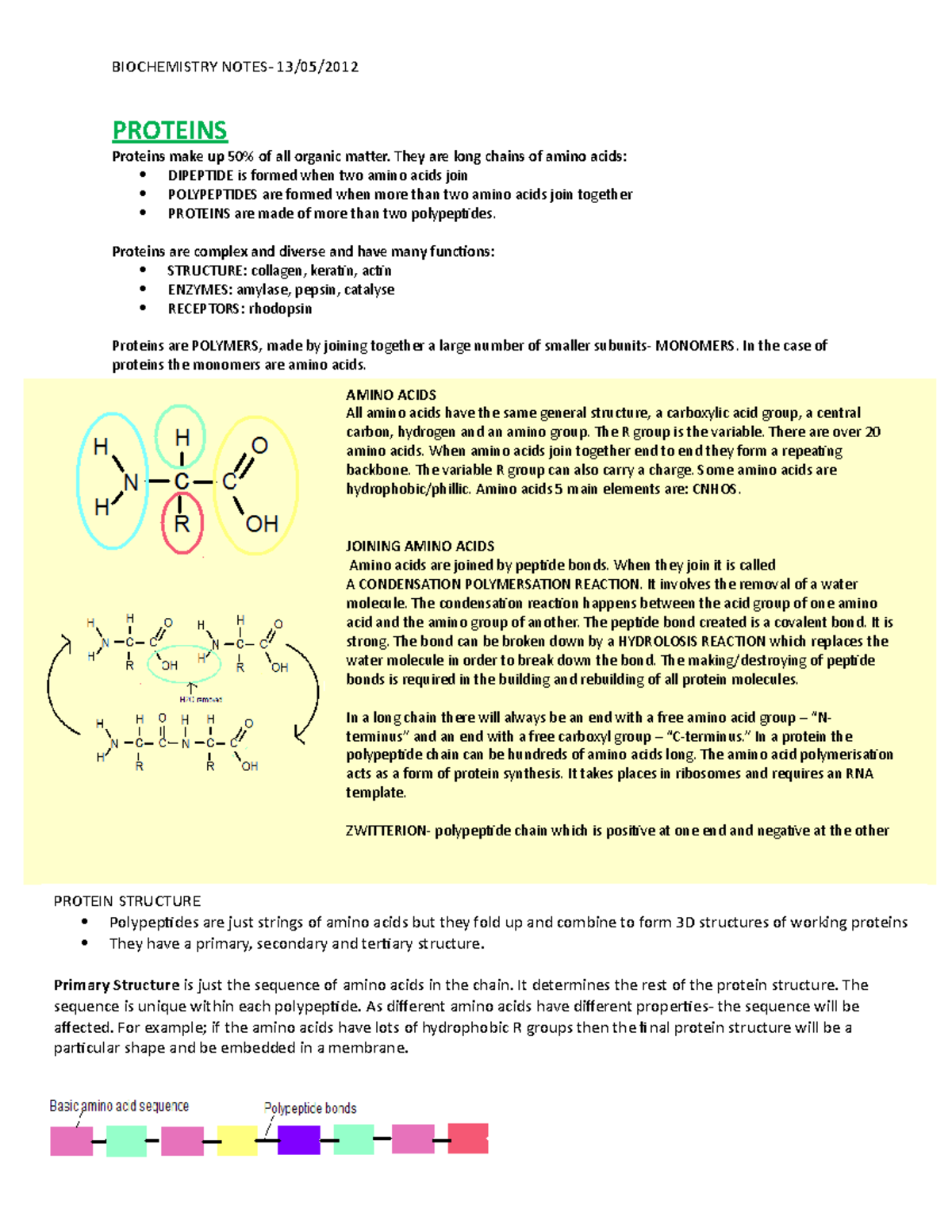 Biochemistry Revsion Notes - BIOCHEMISTRY NOTES- 13/05/2012 PROTEINS ...